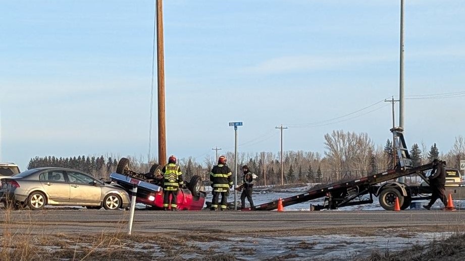 A car has flipped over on 338 Ave and Highway 2A in Okotoks causing traffic disruptions ...